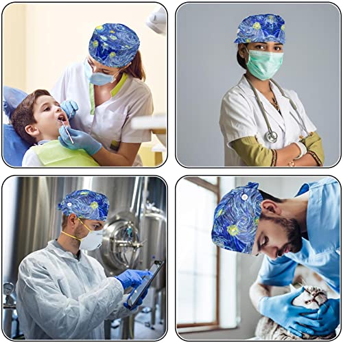Mersov Bouffant Caps with Button, Surgical Scrub Cap for Men Women, 2 Pieces Blue Starry Sky Space Galaxy Working Hat Tie Back Hat, Medium-3X-Large