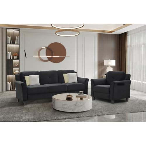 NHX 3 Piece Living Room Set Sectional Sofa Include Rolled Arms Three Seater Sofa, Loveseat and Armchair Upholstered (1+2+3 Black Sofa Set)