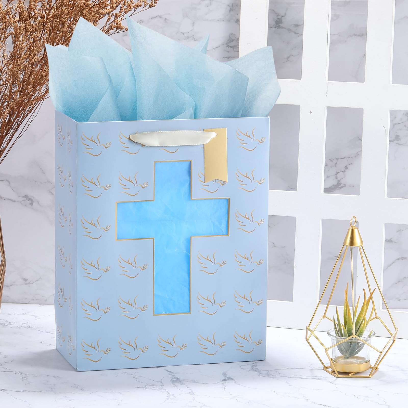 Sawnfay Blue Gift Bag - 10" x 5" x 13", for Baby Boy Baptism, Christening, First Communion, Religious Events, with Cross cut window Design and Tissue Paper