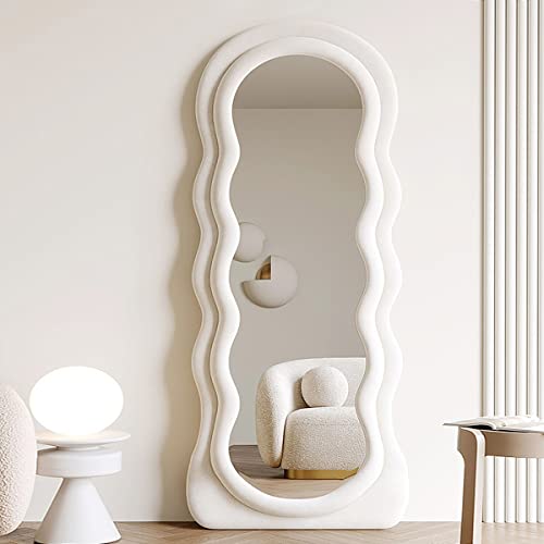 Otlsh Wavy Floor Mirror, 63" x 24" Full Length Mirror with Stand, Flannel, Irregular Wavy Mirror, Wave Pattern, Wavy Standing Mirror, Large Wall Mirror, Freestanding White