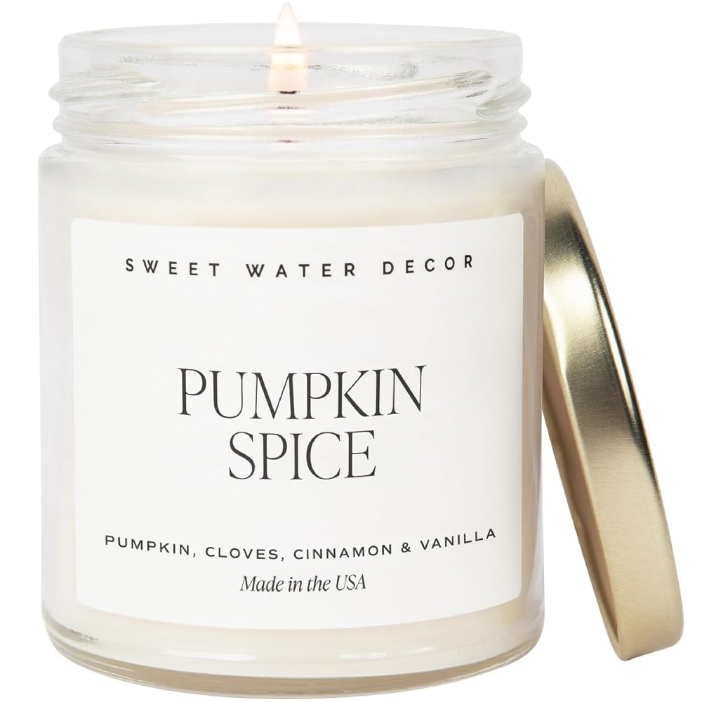 Sweet Water Decor Pumpkin Spice Candle - Fall Candles with Pumpkin, Clover, Cinnamon & Vanilla Scent for Home - Pumpkin Candle with 40 Hours Burn Time - 9Oz Gold Lid Clear Jar Pumpkin Soy Candles