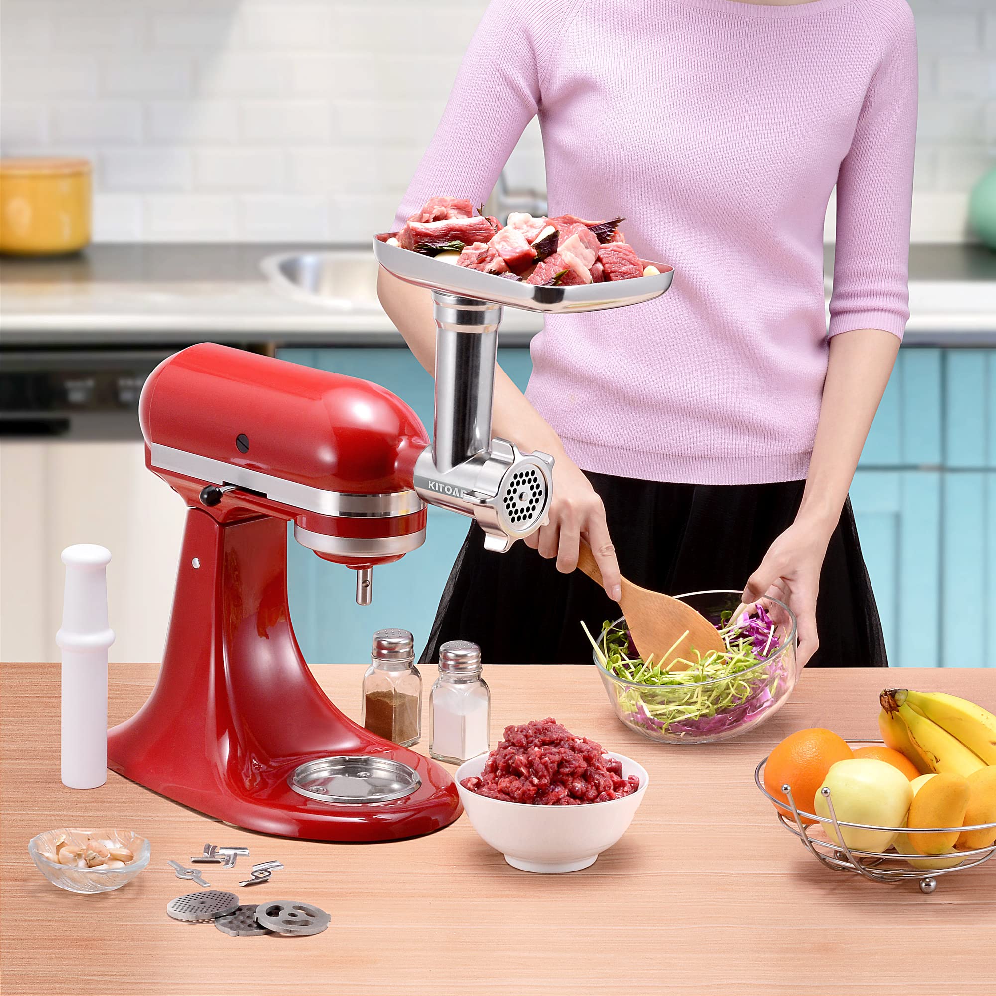 Metal Food Grinder Attachments for KitchenAid Stand Mixers, Meat Grinder, Sausage Stuffer, Durable Perfect Attachment for KitchenAid Mixers, Silver(Machine/Mixer Not Included)