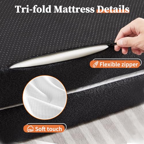Sweetcrispy Folding Mattress, 3 inch Tri-fold Memory Foam Mattress Topper for Camping, Foldable Mattress Topper with Washable Cover, Guest - Queen Size, White