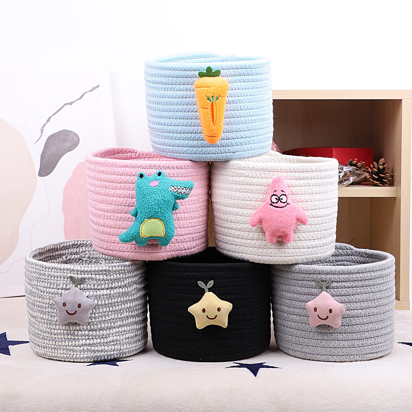 Lovelyduo 3 Pack Baby Boy Gifts Baskets Small Cute Woven Storage Basket for Shelves Mini Organizing Baskets Desk Bedside Table Organizer Bins Cotton Rope Makeup Holder