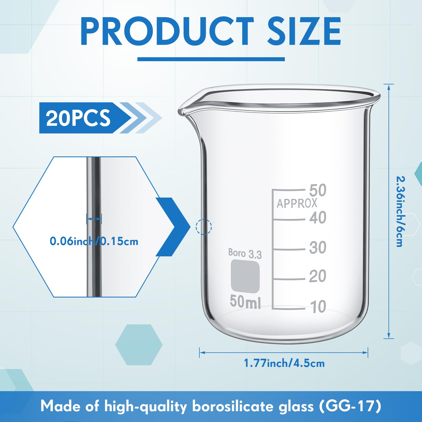 Tanlade 20 Pcs 50 ml Beaker, Shot Glass Beaker, Low Form Griffin, High Borosilicate Class Measuring Beakers Bulk Printed Scientific Glassware for Laboratories, Classrooms or Home Use