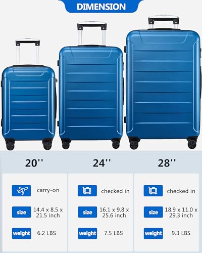 SunnyTour Hardside Luggage Sets with Tag, Luggage 3 Piece Set with Double Spinner Wheels, 28" Expandable Checked Luggage, Blue