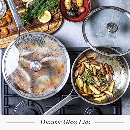 Merten & Storck Tri-Ply Stainless Steel 10" & 12" Frying Pan Skillet Set with Glass Lids, Professional Cooking, Multi Clad, Drip-Free Pouring Edges, Browning, Induction, Durable,Oven & Dishwasher Safe