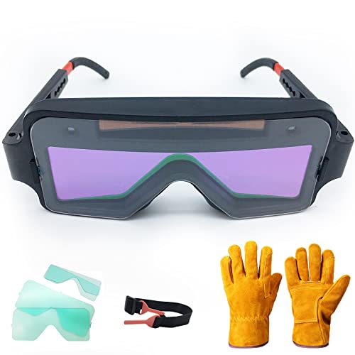 Melgweldr Welding Goggles Auto Darkening,Solar Auto Darkening Welding Glasses Over Glasses Welders Safety Protection PC Glasses with Welding Protective Gloves
