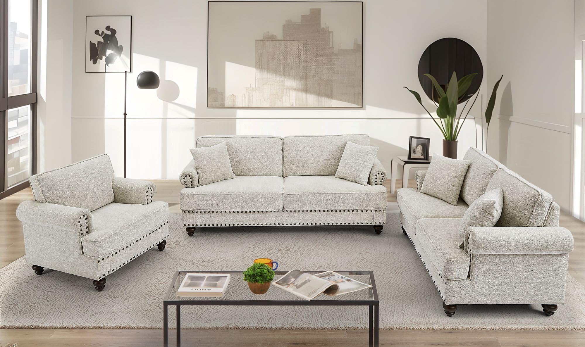YSJZYBF 61" Chenille Modern Upholstered Sofas Love Seater with Nails and Armrests Mid Century Loveseat Sofas Modern Couch Couches for Living Room Apartment Office Bedroom White