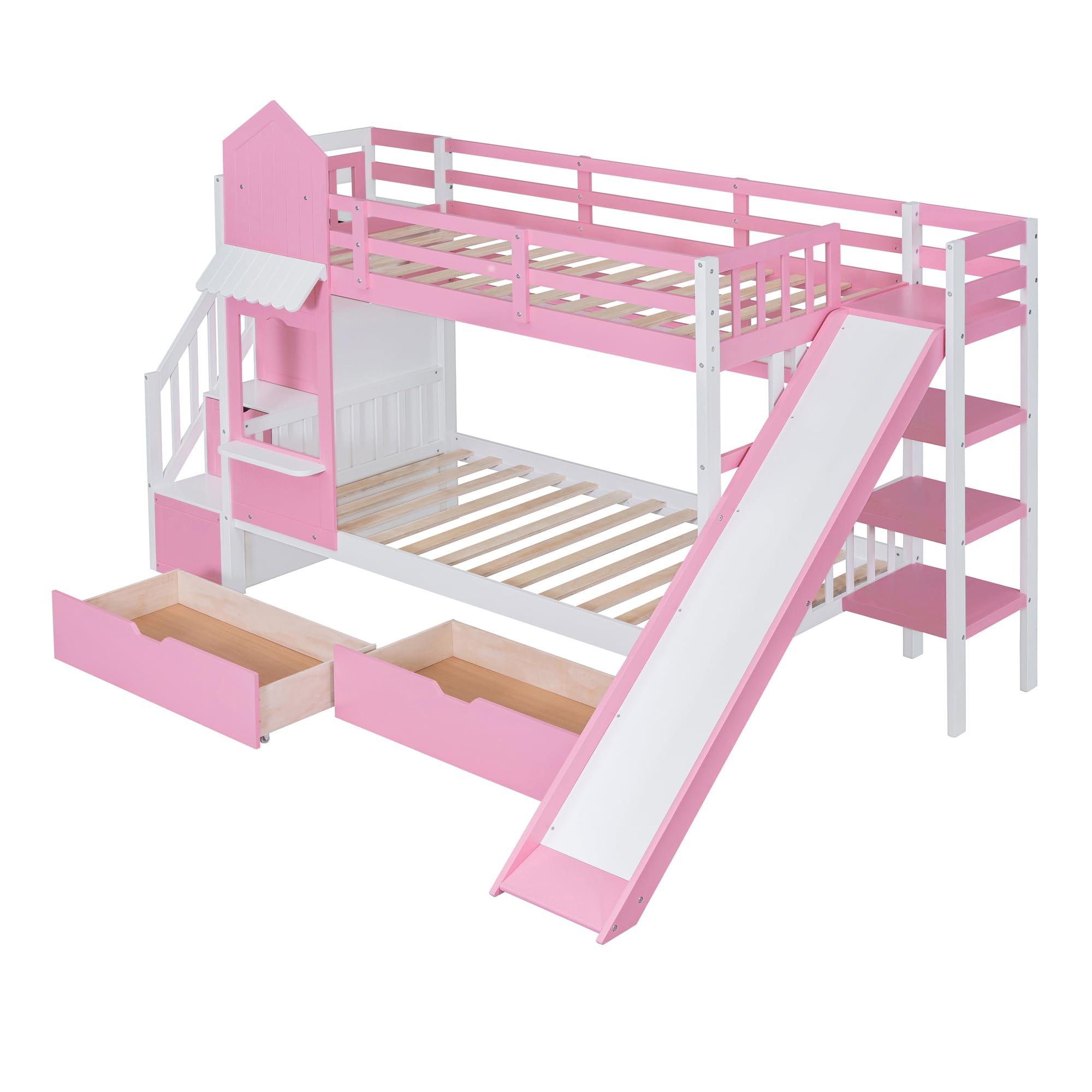 SOFTSEA Twin Over Twin Bunk Bed with Storage and Drawers for Kids Boys Girls Solid Wood Bunk Bed with Slide and Staircase