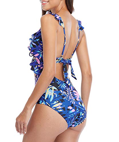 SOCIALA Womens Ruffle One Piece Swimsuit Cutout Strappy Monokinis Swimwear Bathing Suits(Medium, Navy Flower)