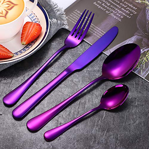 Silverware Set, 20-Piece Purple Flatware Cutlery Set Service for 4,Stainless Steel Kitchen Utensil Set Tableware Knife Spoon Fork Set for Home&Restaurant. Dishwasher Safe (Purple- 20 Pieces Set)