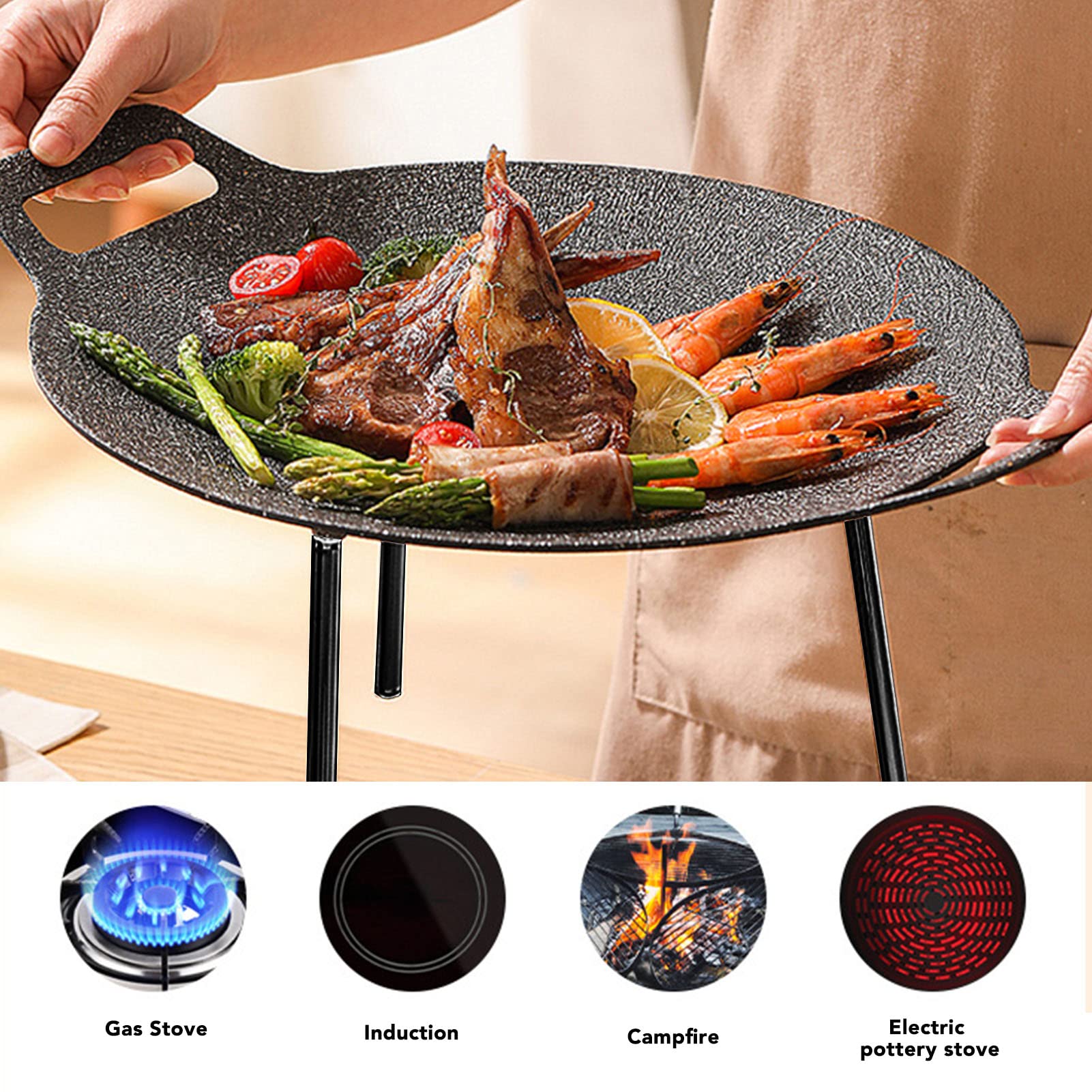 Round BBQ Grill Pan Prevent Stick 6 Layer Coating Handles Medical Stone Barbecue Plate Fast Thermal Conductivity Stable Support for Stove Oven Outdoors (41CM)