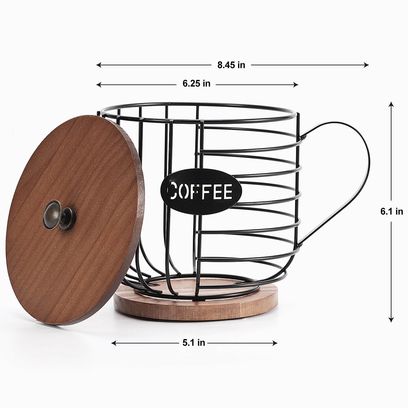 Panalo Rustic Coffee Pod Holder - Large Capacity Black Wire K cup Storage with Wooden Lid - Round Coffee Basket Decor for Kitchen Countertop for Pods & Espresso Capsules (Cup shape)