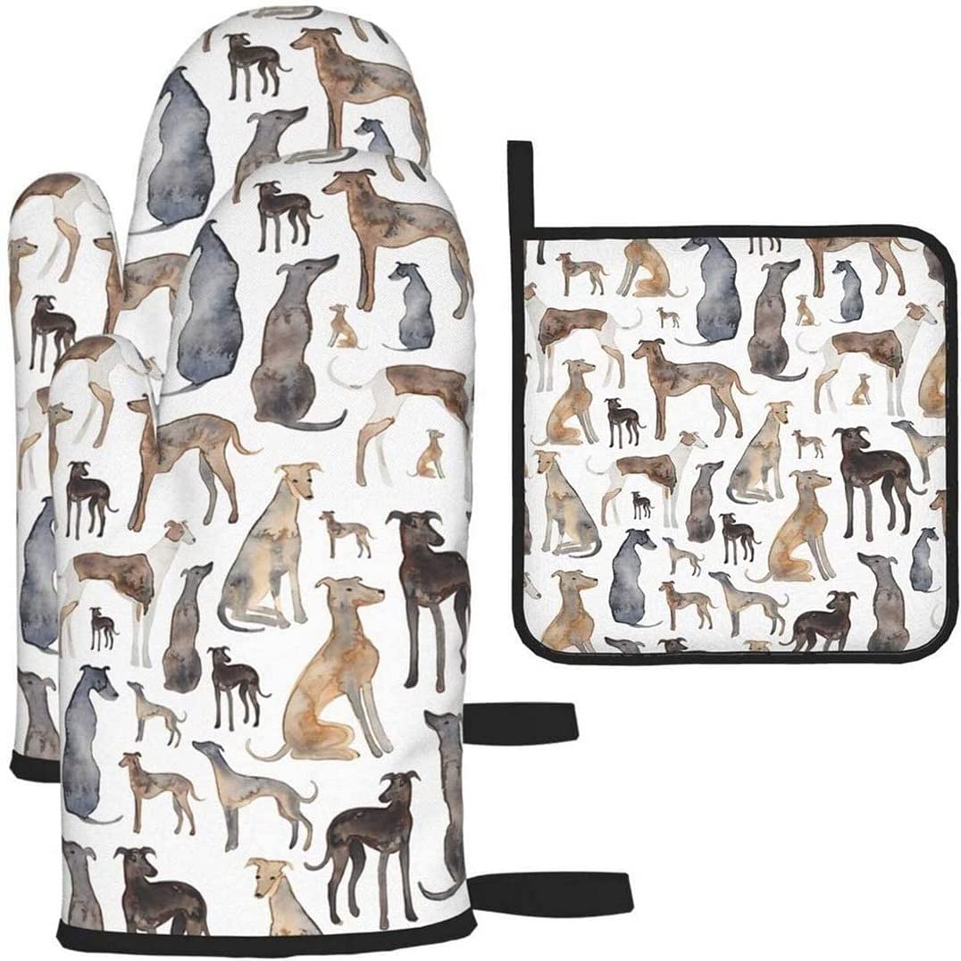 JKKL Greyhounds Wippets and Lurcher Dogs Pattern,3pcs Oven Mitts and Pot Holders for Kitchen,Cooking,Baking,Grilling,BBQ