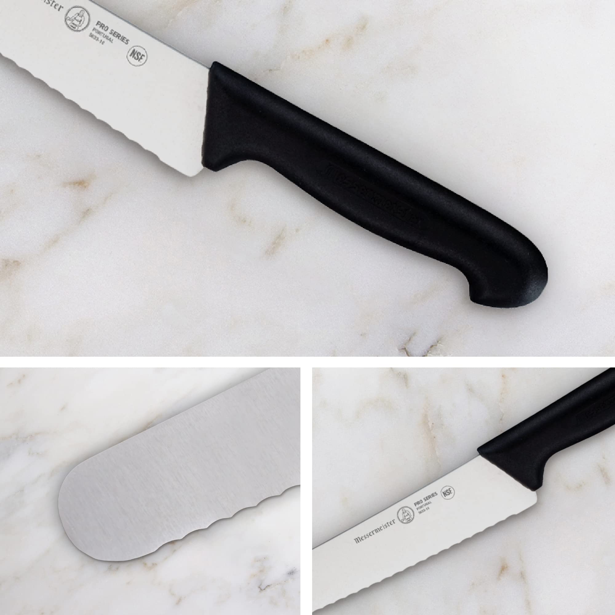 Messermeister Pro Series 10” Scalloped Round-Tip Bread Knife - German X50 Stainless Steel & NSF-Approved PolyFibre Handle - 15-Degree Edge, Rust Resistant & Easy to Maintain - Made in Portugal