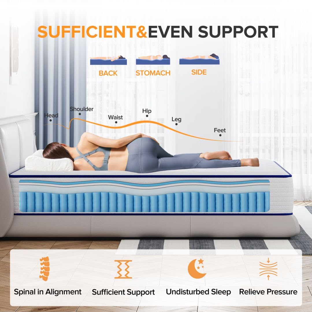 TXO King Size Mattress, 10 Inch Medium Firm Hybrid Mattress with Individual Pocketed Springs and Gel Memory Foam, Enhance Edge Support, Motion Isolation, Pressure Relief, King Mattress in a Box