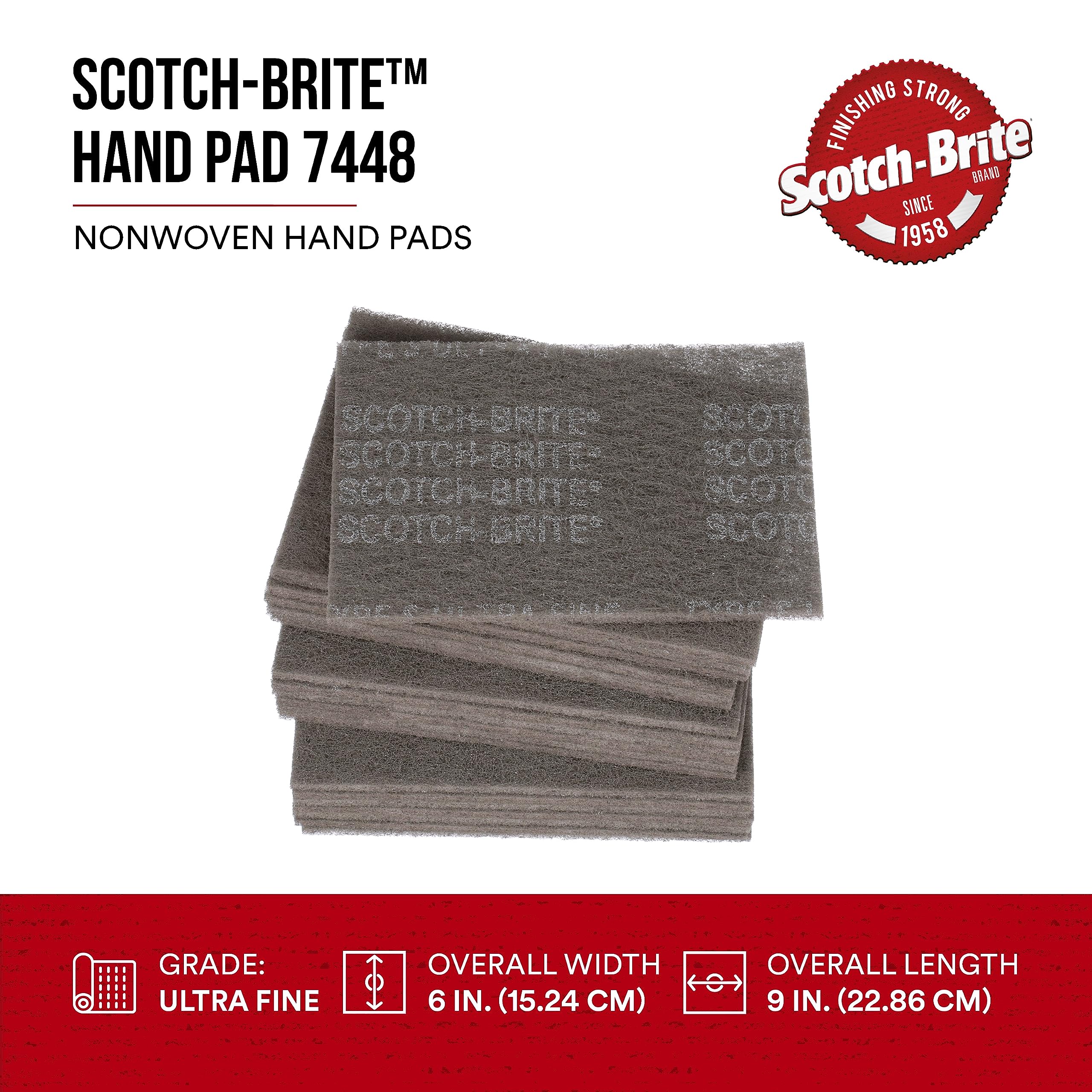 Scotch-Brite Ultra Fine Grade 7448 Hand Pad, Pack of 3, 6 in x 9 in Hand Pads, Nonwoven Silicon Carbide, Surface Preparation, Scuffing, and Cleaning, Gray