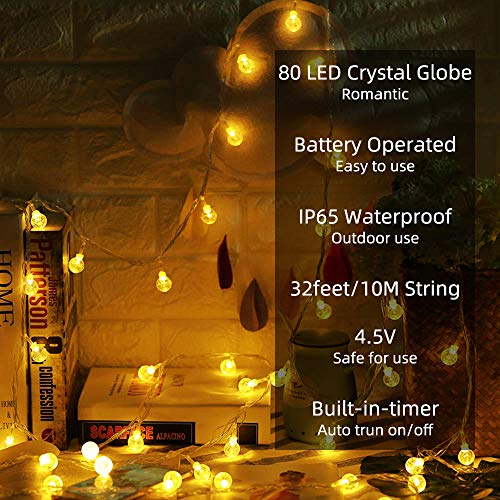Metaku Globe Fairy Lights Battery Operated 33ft 80LED String Lights with Remote Waterproof Indoor Outdoor Hanging Decorative Christmas Lights for Home Party Patio Garden Wedding
