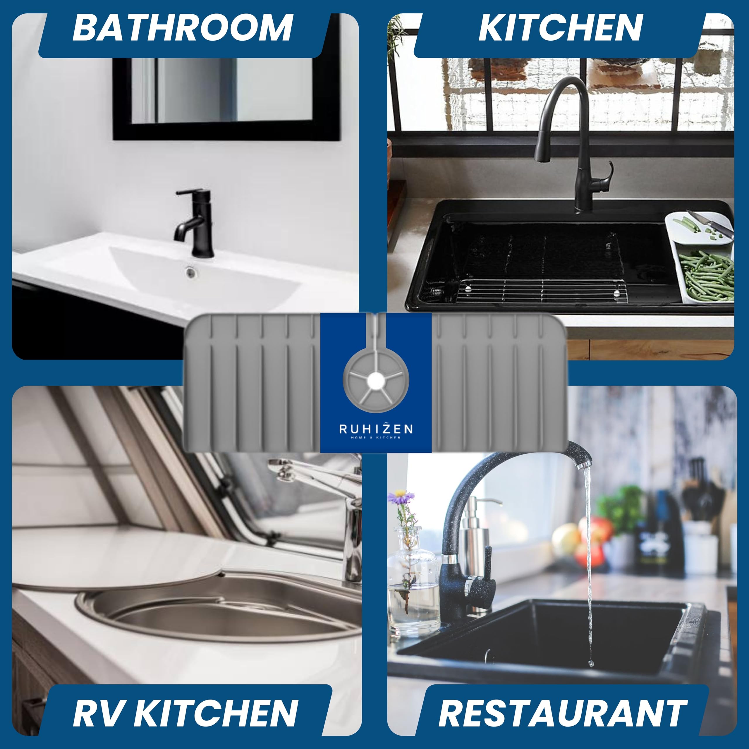 Silicone Sink Water Splash Guard - Kitchen/Bathroom Faucet Mat Drip Catcher Tray, Sponge Holder/Soap Dispenser Draining Mat Behind Faucet, 5° Slope, 8.7 x 5.5 Inches, Gray