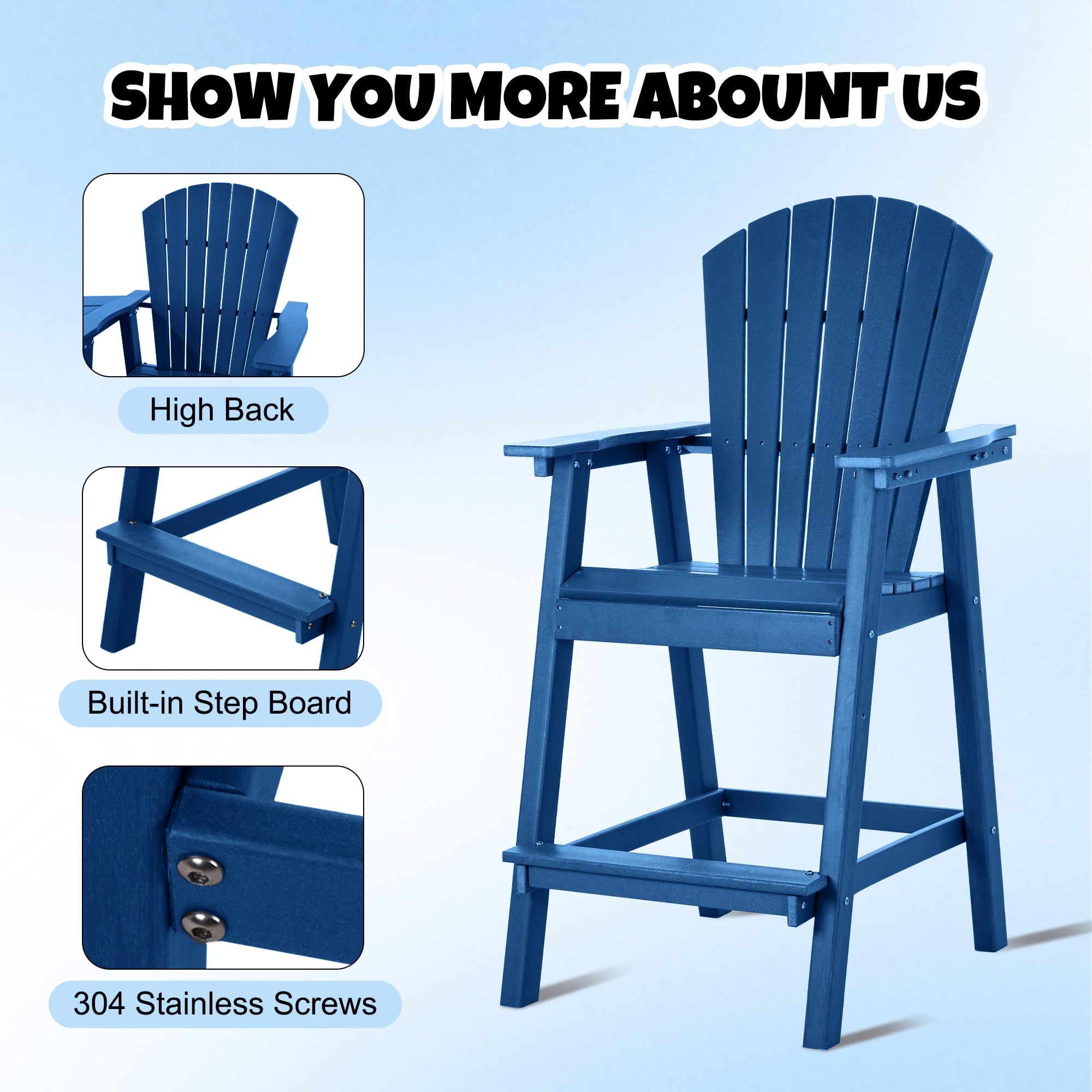 NCGVKS Tall Adirondack Chair Set of 2,HDPE Balcony Chair with Double Connecting Tray,Adirondack Bar Stools Weather Resistant Poly Deck Chairs for Patio Backyard Poolside 360LBS Capacity Blue