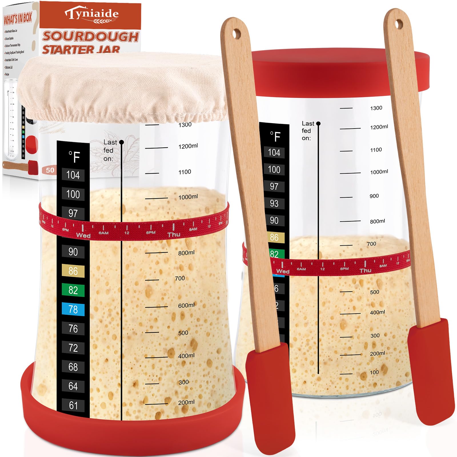 Tyniaide 50 OZ/2 Pack Pro Sourdough Starter Kit – Extra Thermometer Strips and Breathable Covers Included in Sourdough Starter Jar – A Perfect Sourdough Bread Starter Kit for Beginners to Expert