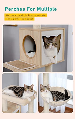 PETEPELA Modern Cat Tree Wood Cat Tower with Storage Cabinet Litter Box Enclosure and Spacious Cat Condo, Large Top Perch and Hammock, Sisal Covered Scratching Posts for Cats Beige