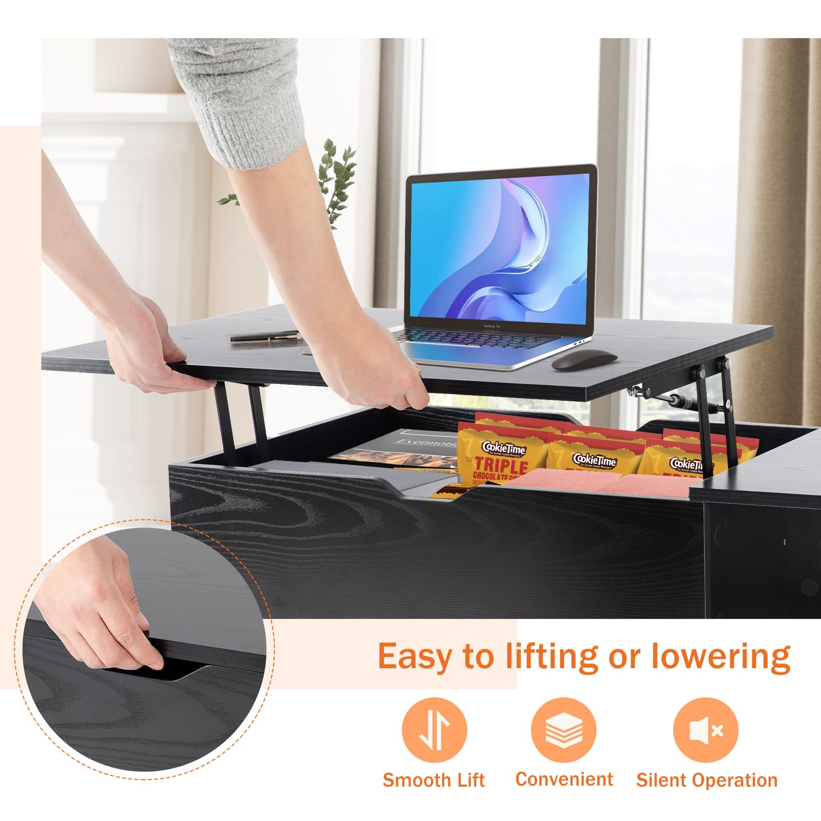 Sweetcrispy Coffee Table Black, Lift Top Coffee Tables for Living Room, Small Rising Wooden Dining Center Tables with Storage Shelf and Hidden Compartment
