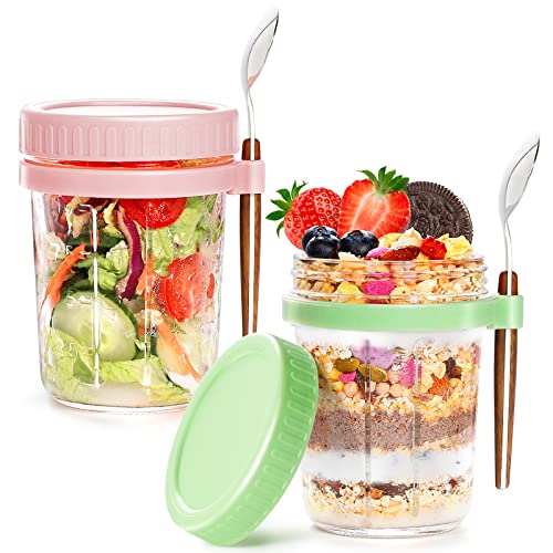 Overnight Oats Containers with Lids and Spoon, Wide Mouth Mason Jars 16 Oz Overnight Oats Jars with Measure Mark,2 Pack Oatmeal Container Glass Mason Jars for Overnight Oats Salad (Pink/Light Green)