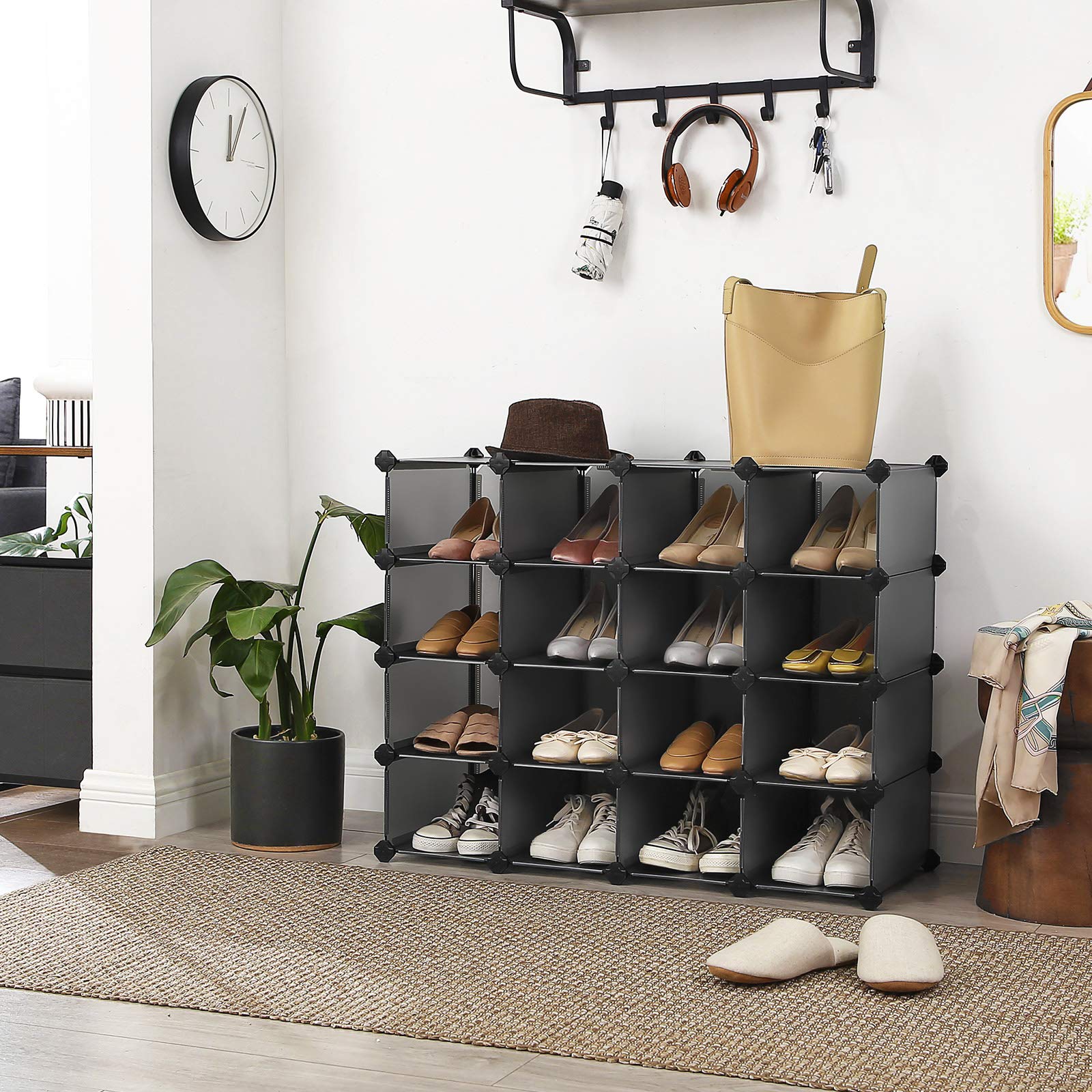 SONGMICS Shoe Rack, Space-Saving 15-Count Plastic Shoe Storage Organizer Unit, Shoe Cabinet, Ideal for Entryway Hallway Closet Garage, 14.2 x 44.5 x 34.6 Inches, Grey ULPC445G01