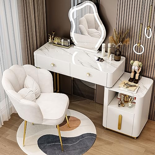 Winfree Makeup Vanity with 3 Color Light Adjustable Brightness Mirror,Vanity Table with Storage Cabinet and Chair,Deal for Home Bedroom Decor (47.2inch)