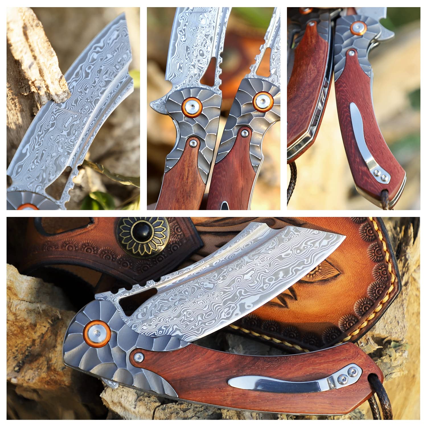 Minowe men's pocket knife Damascus Steel Handmade Folding Knife,3.5 in blade rosewood handle,with leather case ,Liner Lock Steel ball bearings,pocket clip ,EDC Camping Outdoor Survival Knife