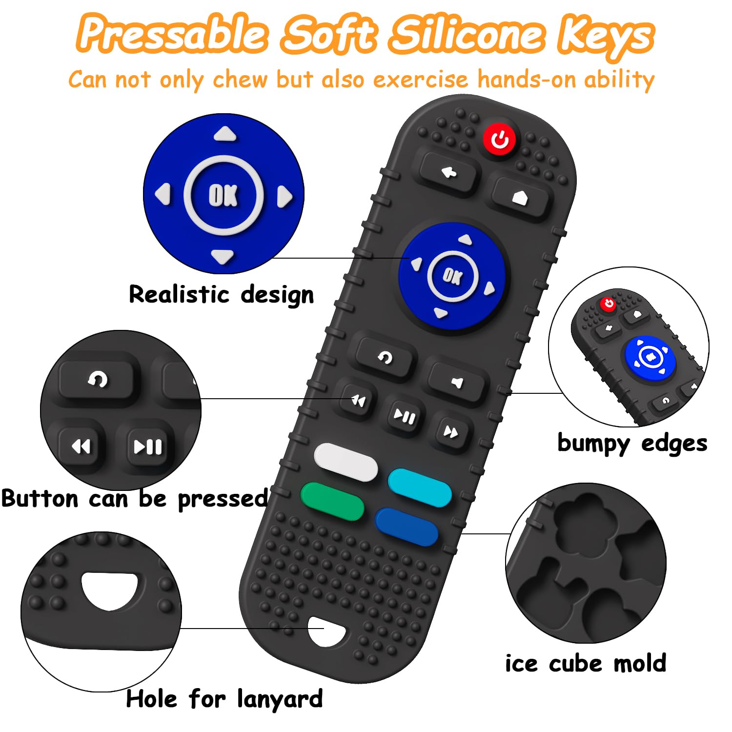 Mgtfbg 2 Pack Soft Silicone Teething Toys for Toddlers, Babies, Boys, Girls, 6-12 Months Baby Remote Control Shape Molar Teether Chew Toys Set Gift(Black+Grey)
