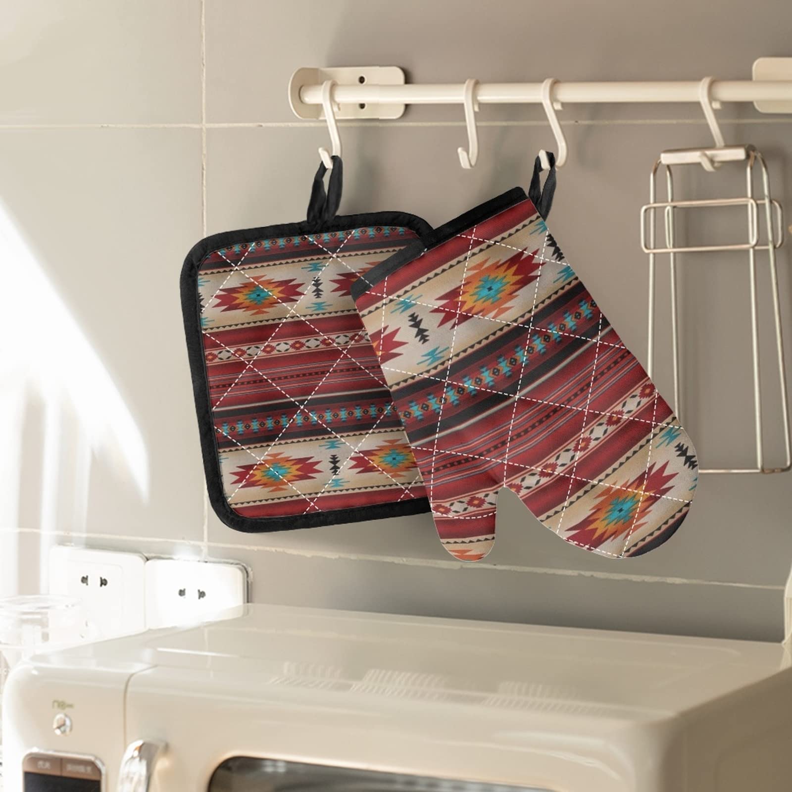 JOAIFO Southwest Nativa Oven Mitts and Pot Holders Sets, Tribal Aztec Pattern Heat Resistant & Non-Slip Oven Mitts with Potholder Fashion Kitchen Cotton Cooking BBQ Gloves