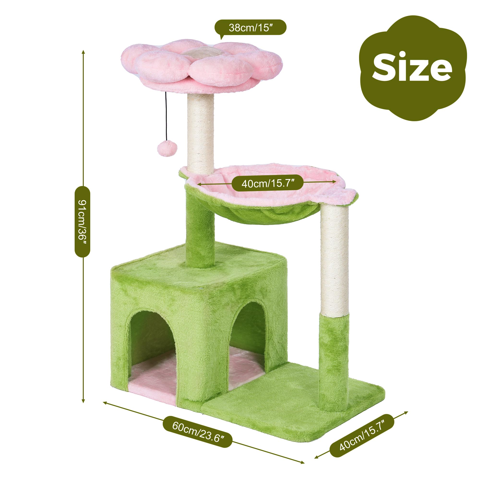 Pawfessor Flower Cat Tree 4 in 1 Cat Scratching Post for Indoor Cats 34" Small Cat Tower for Large Cats, with Full Scratch Posts,15.7”Large Hammock, Removable Perch and Wide Condo for Indoor Cats-Pink