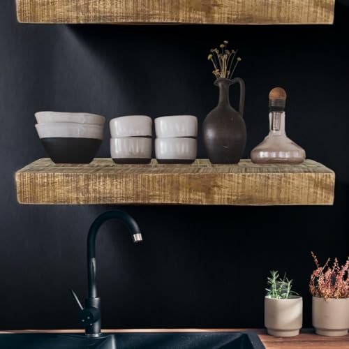 Posh Pollen - Mango Wood Floating Shelf, Hidden Bracket, Heavy Duty, Wall Mounted Shelf, 36Wx12D, Light Wash