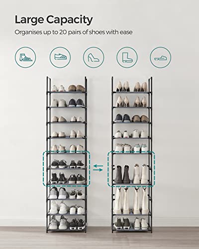 SONGMICS Shoe Rack, 10 Tier Shoe Shelf, Shoe Storage Organizer, Space-Saving, 11 x 17.7 x 68.1 Inches, Metal Frame, Non-Woven Fabric Shelves, for Entryway, Bedroom, Grey ULSH010G01