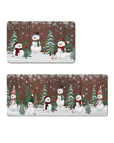 Winter Snowman Bath Mat for Tub,Non Slip Bathroom Floor Runner Rug Quick Dry & Absorbent Diatomaceous Earth Shower Sink Kitchen Washable Doormat,Christmas Tree Snowflake Vintage Brown 16x24+16x47