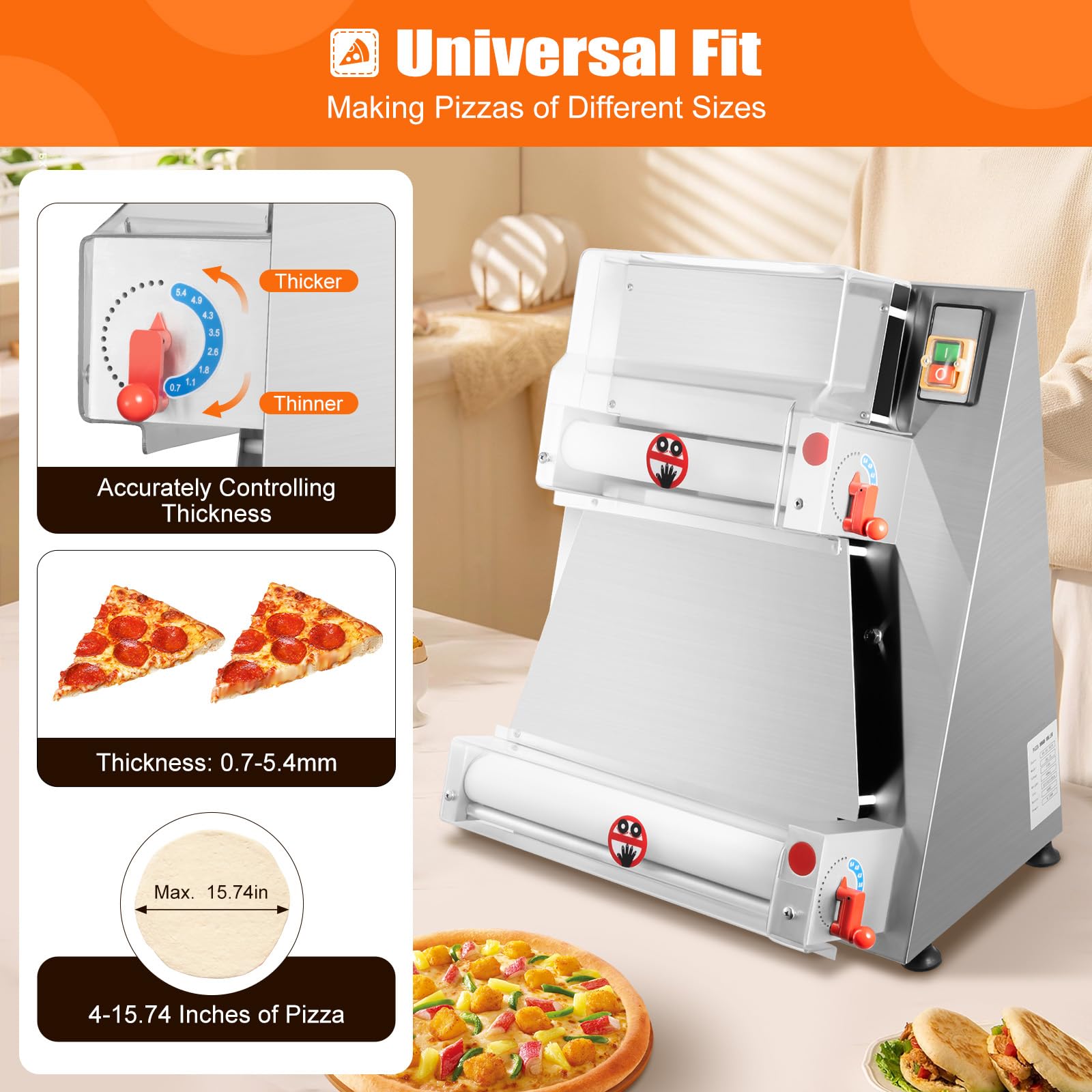 Pizza Dough Roller Sheeter,3-15 Inch Automatic Commercial Pizza Press,390W High Efficiency Electric Dough Roller,Stainless Steel Adjustable Thickness Dough Machine for Pizza Pasta Maker Equipment
