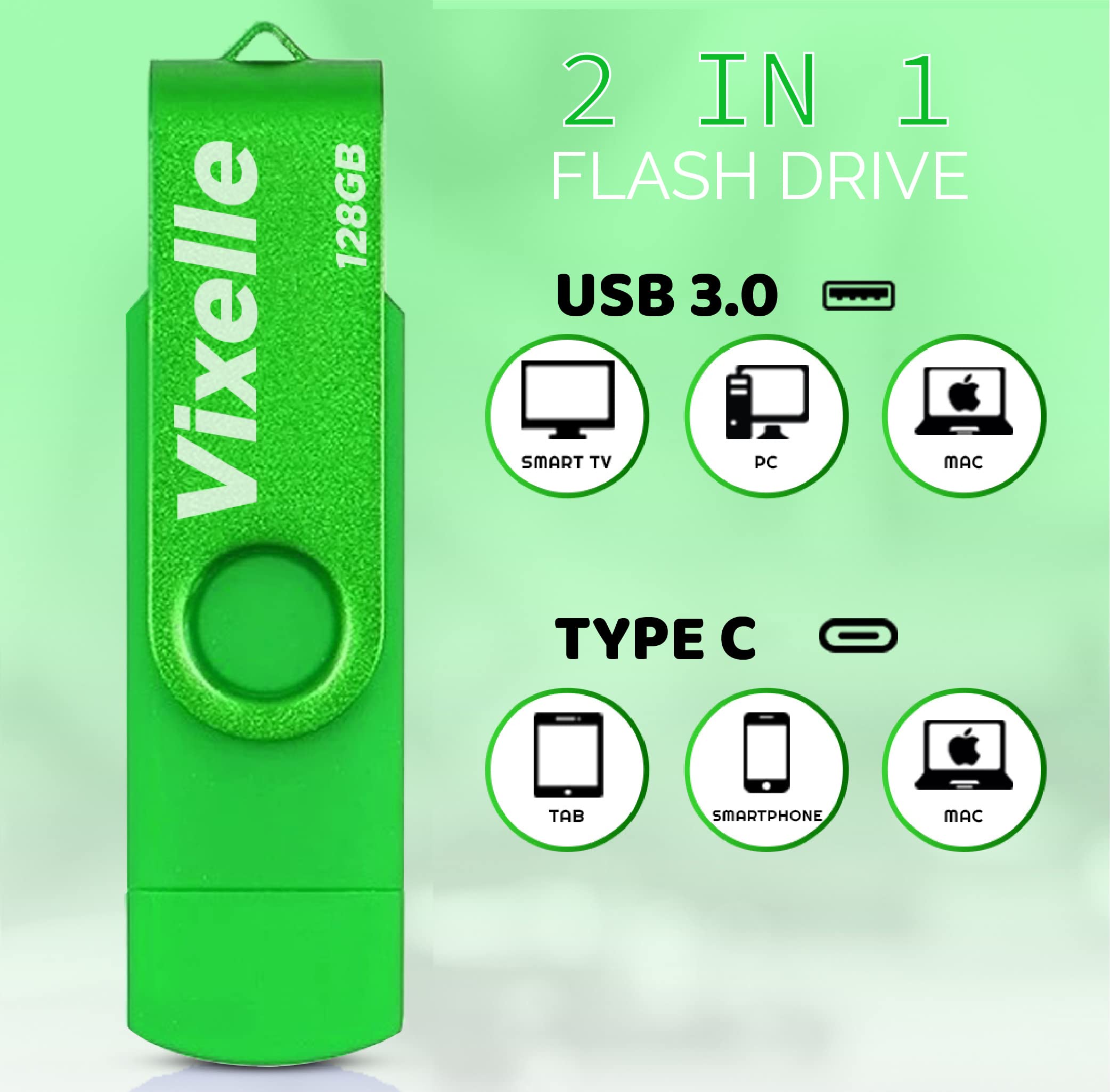 Vixelle 128GB High Speed USB 3.0 Type-C Flash Drive with Lanyard – 2in1 Dual USB C Memory Stick - 360° Swivel Pen Drive with Keychain Loop – 128GB USB Stick for Smartphone, Tablet & Computer - Green