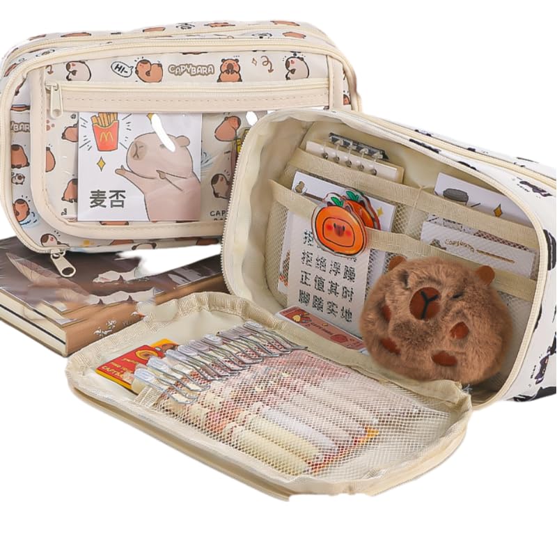 NAPIMICO Cute Pencil Case with Kawaii Capybara Pins and Plush Flip Top Pencil Pouch Aesthetic Office Stationary Pen Holder (Brown)