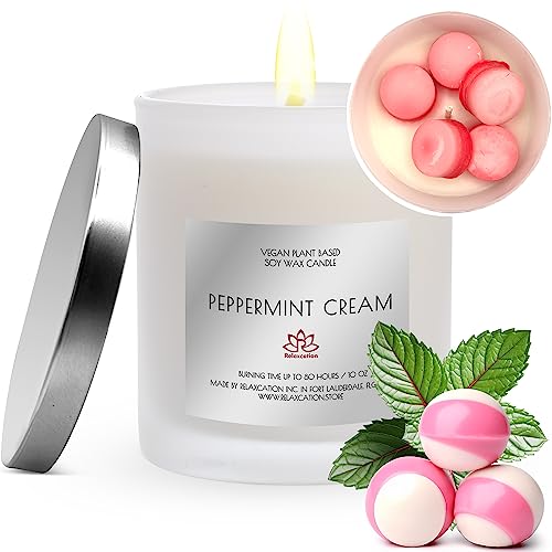 Soy Wax Candle Peppermint Cream 10 oz in Big Glass Jar and Giftable Box - Clean Burn up to 80 Hours - Great Gift for Holidays, for Christmas, Gift for Women, for Home Decoration, for Men