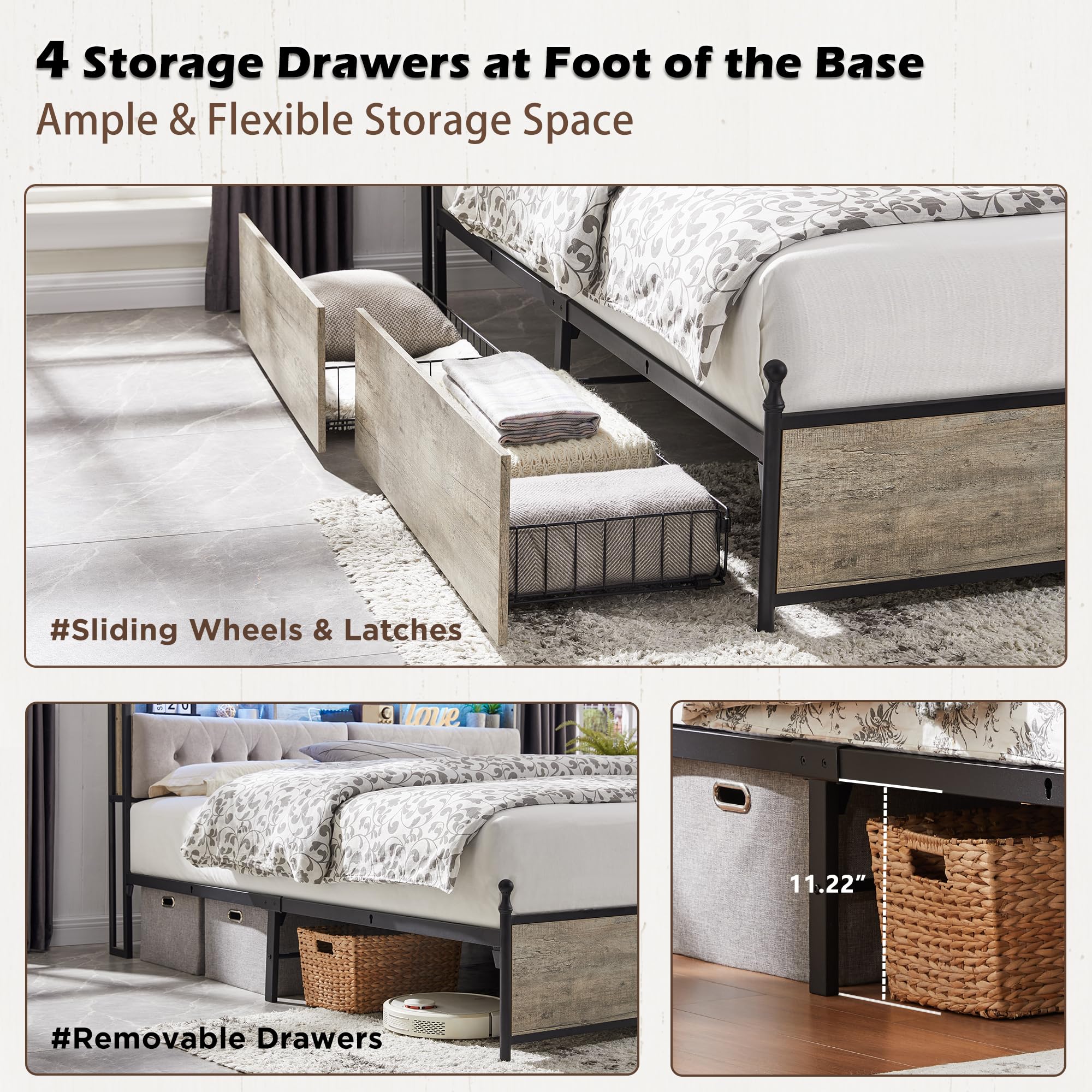 T4TREAM King Bed Frame with Storage Upholstered Headboard and 4 Drawers, Farmhouse Metal Platform Bed w/LED Lights & Charging Station, Stable & Easy Assembly, No Box Spring Needed, Dark Rustic Oak