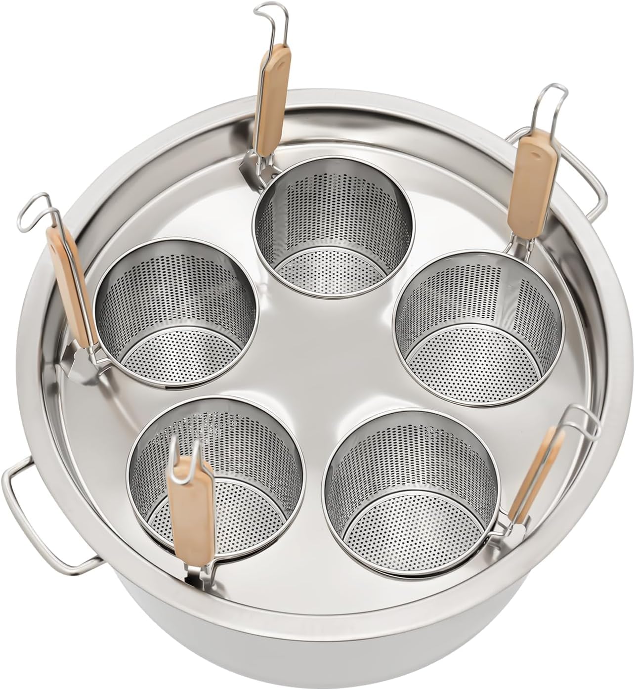 Pasta Cooker Insert Set 5 Holes 201 Stainless Steel Round Insert Strainer Basket Cookware, Compact Pasta Cooker Pot With Pasta Pot Stand & 5 Insert Strainer Baskets Lid for Restaurants,37L/39qt