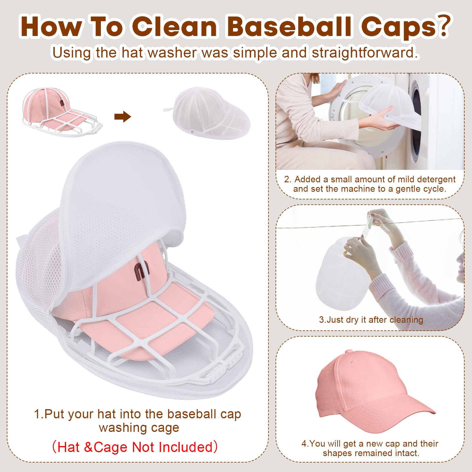 SelfTek 2 Pack Cap Washer for Baseball Caps, Hat Cleaner for Baseball Caps, Baseball Hat Washer Mesh Bags Compatible with Most Baseball Cap Washing Cage- Hat Rack is NOT INCLUDED