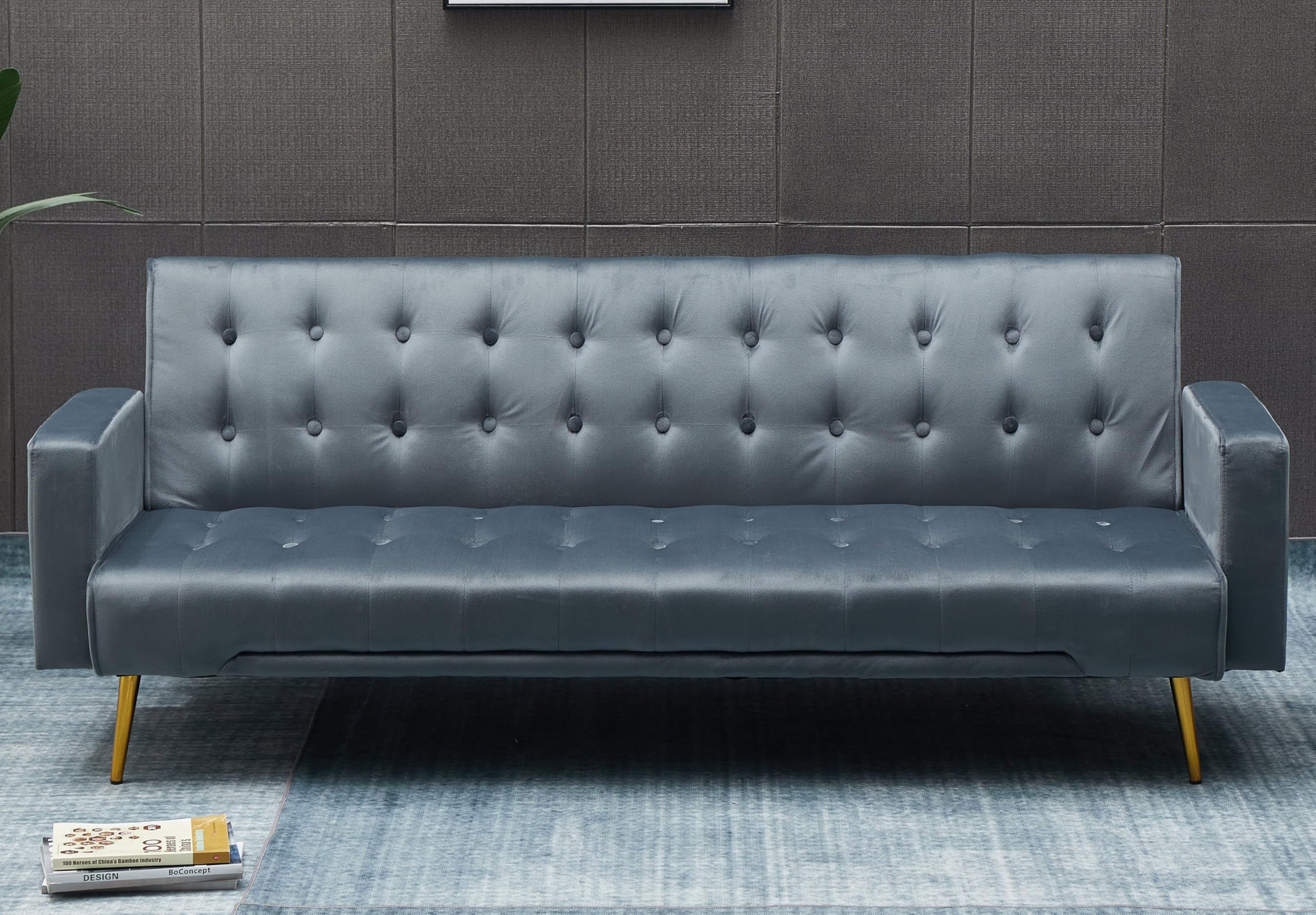 MODCART 75 Inch Velvet Futon Sofa Bed with Adjustable Back, Convertible Futon Couch, w/Tufted Buttoned Design & Metal Legs, Upholstered Slpper Bed for Home, Small Space Apartment