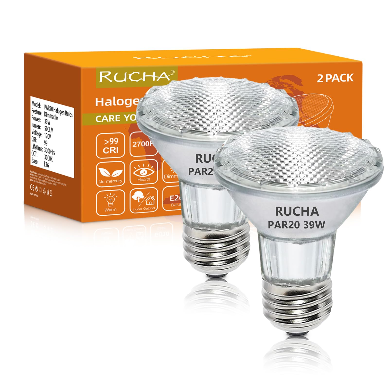 PAR20 Halogen Buld, 120V 39W Dimmable PAR20 Reflector Flood Light Bulds with E26 Base, for Range Hood Light Bulbs, Track Light Bulbs, Oven Light Bulb, Ceiling Can Lamp, 2 Pack