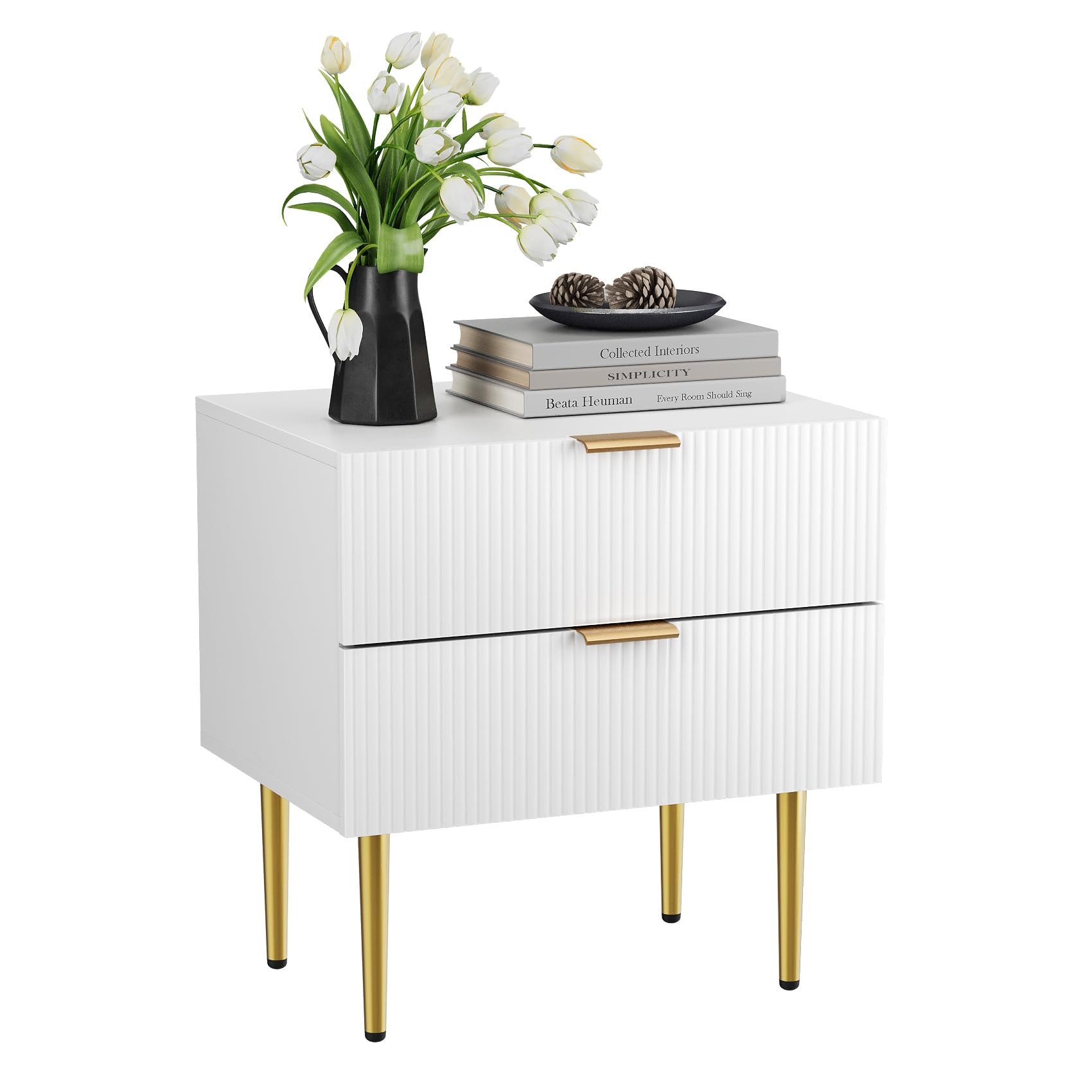 Semiocthome White Nightstand, Mid Century Modern Night Stand with 2 Wave Fluted Panel Drawers, Bedside Table with Gold Metal Legs, Bedroom Set Wide Tabletop Bed Side Table, End Tables for Living Room