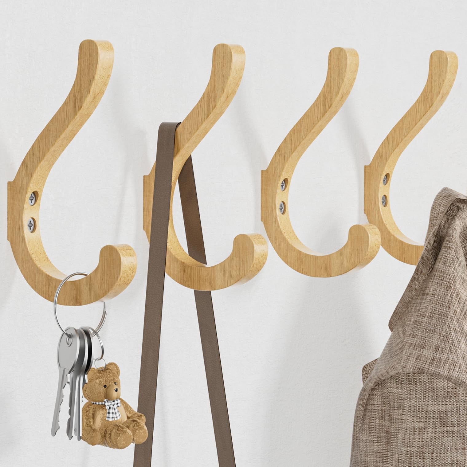 Wood Wall Hooks for Hanging Coats - Large 5.5" Coat Hanger Wall Mounted, Closet Hooks, Wooden Hooks for Hanging Backpack, Hat, Jacket, Purse, Clothes, 4-Pack