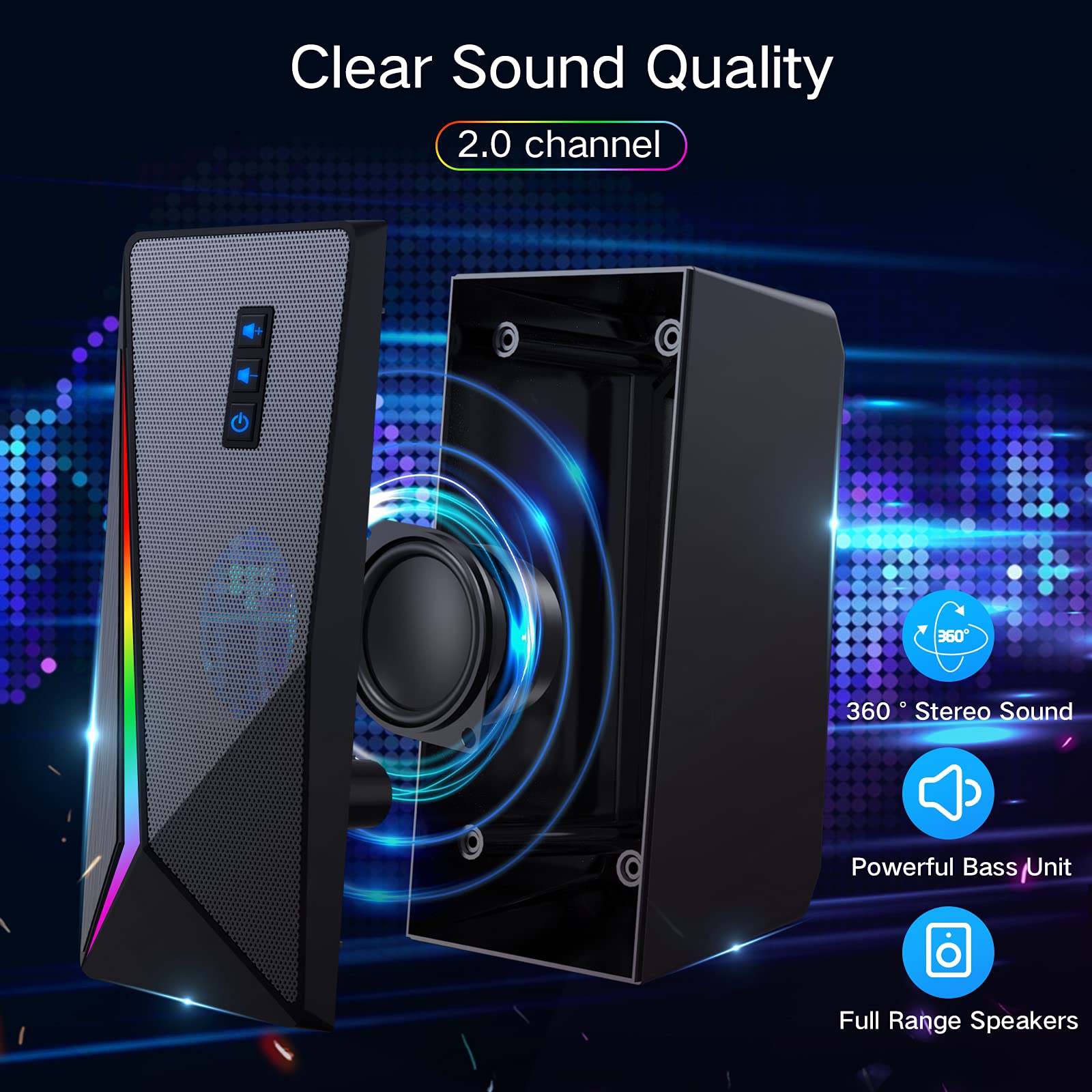 LLEVTIC Computer Speakers, 2.0 Channels Enhanced Stereo RGB PC Speakers with 6 Colorful Mode, USB Powered Desktop Speakers for PC/Laptop/Monitor, 3.5mm AUX Gaming Speakers